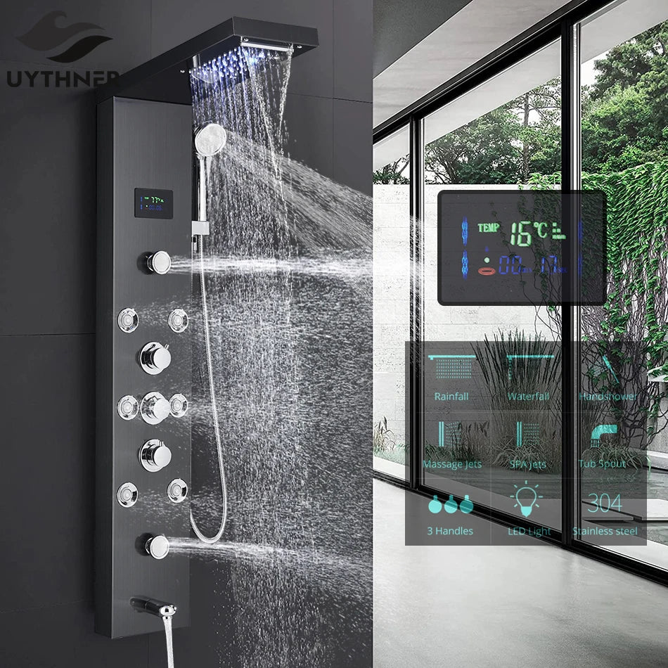 Black/Brushed Bathroom LED Rainfall Shower Panel System with Temperatu ...